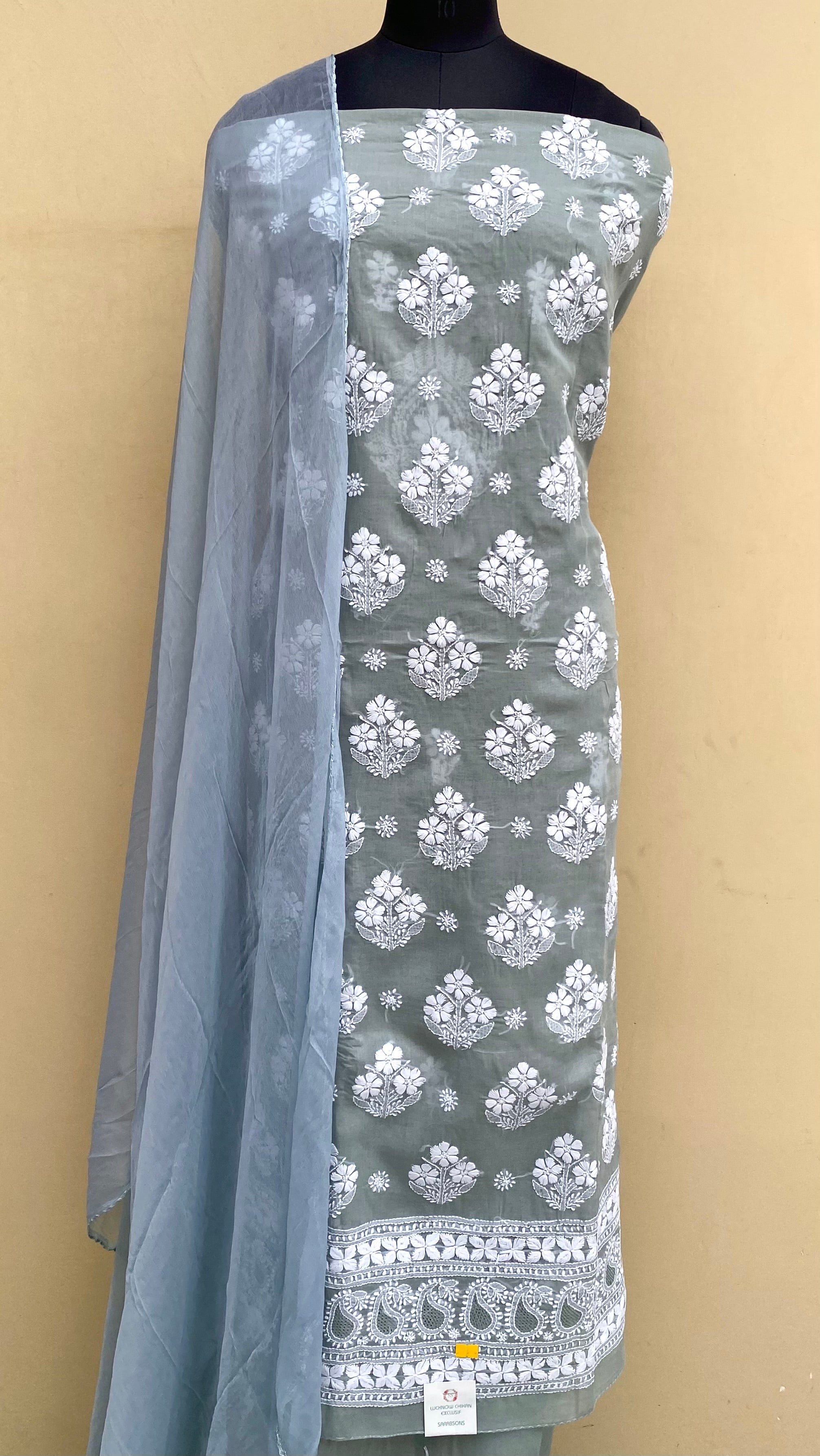 Lucknowi Chikankari Suit Length 3 Piece Gray Cotton With Jaali Work ...