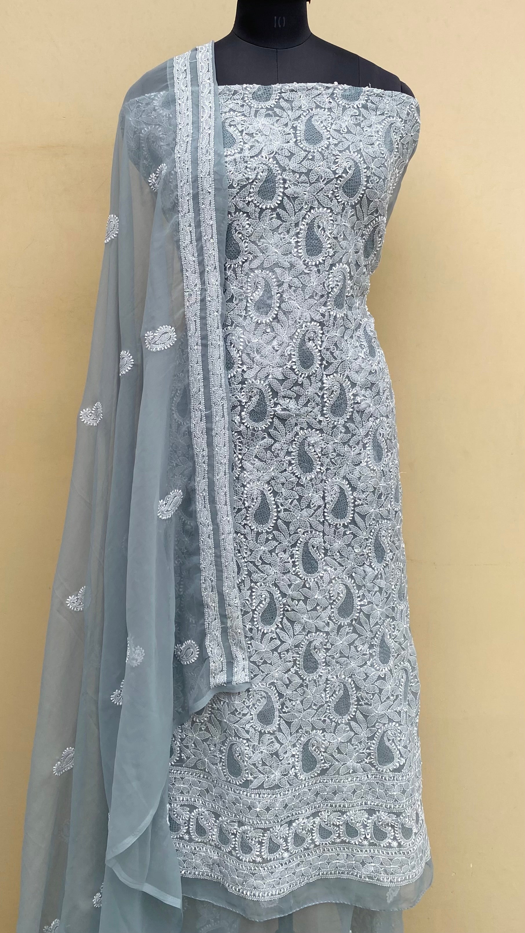 Lucknowi Chikankari Suit Length 3 Piece Gray Georgette With Jaali Work ...