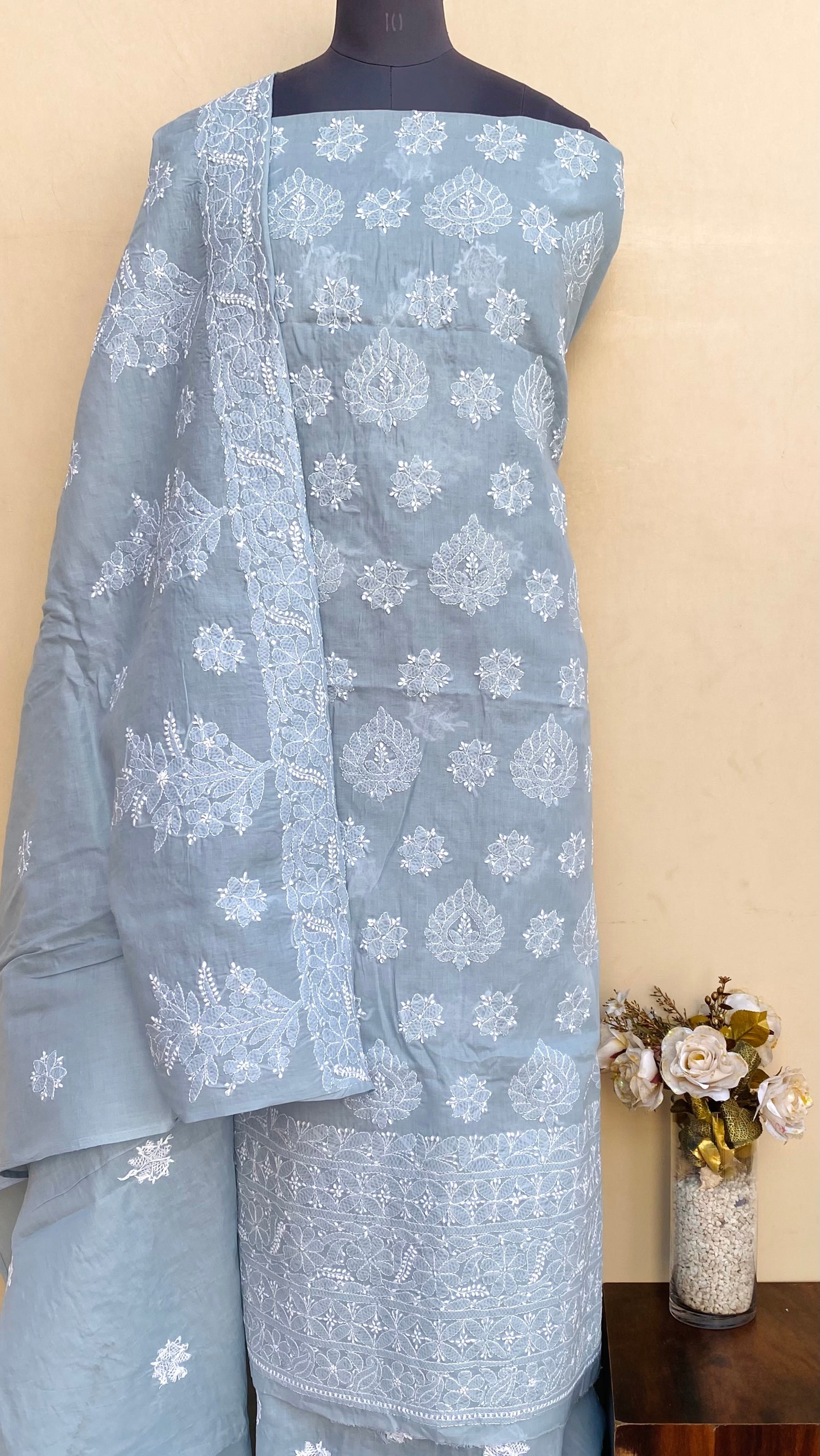 Lucknowi Chikankari Suit Length 3 Piece Gray Cotton – Chikirpolo