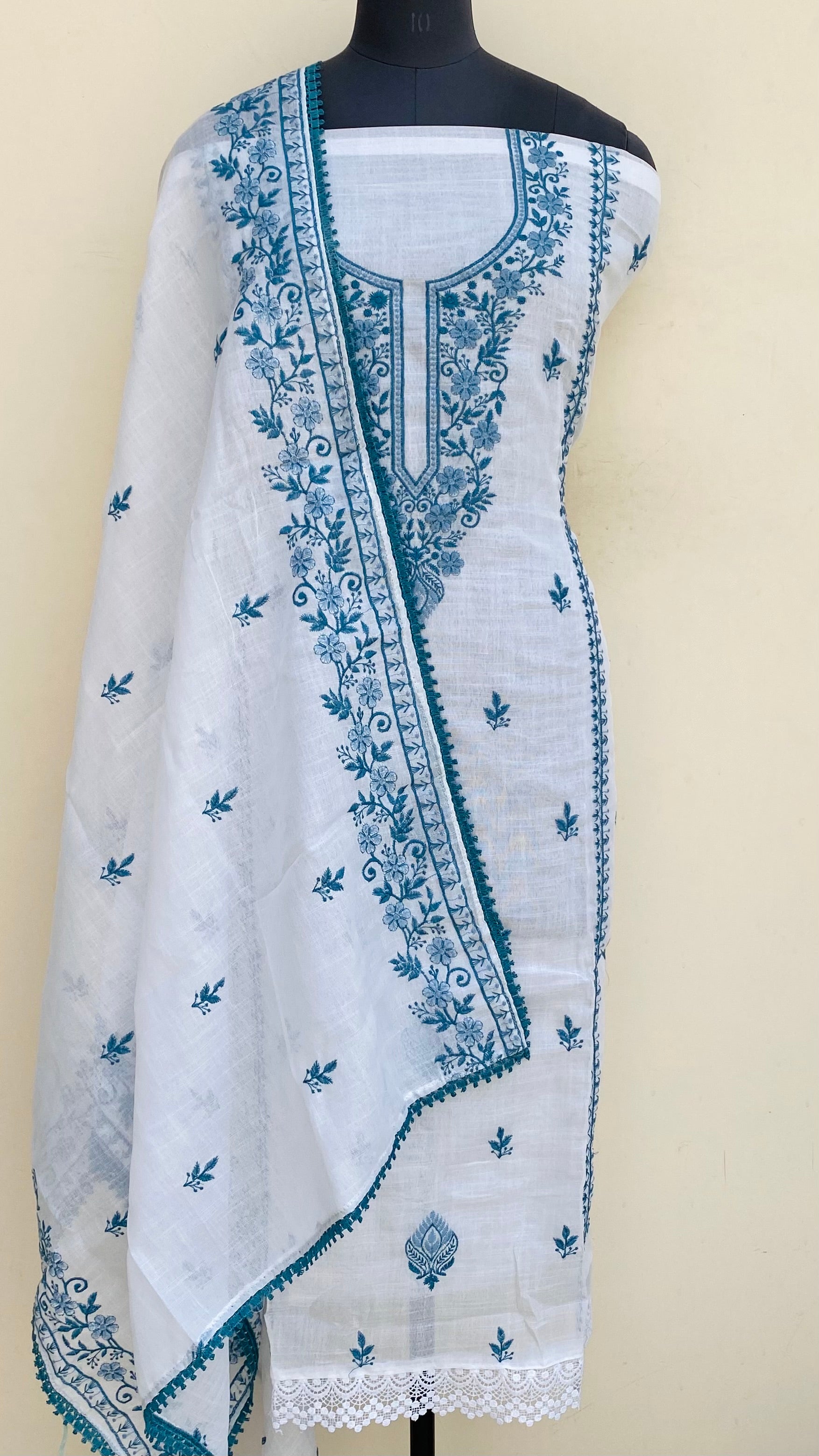 Designer Embroidered Suit Length 3 Piece White Linen – Chikirpolo