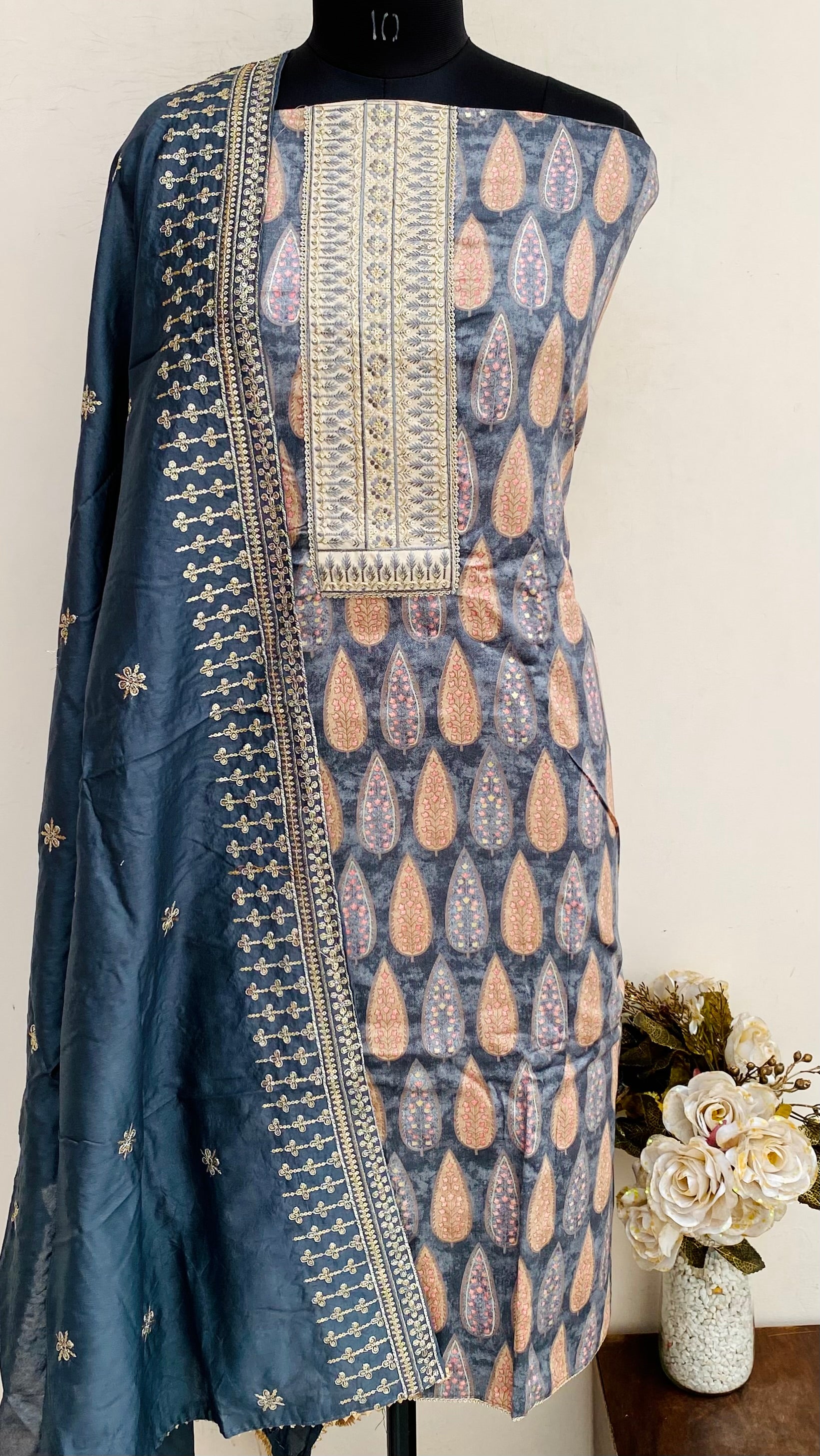 Designer Embroidered Suit Length 3 Piece Gray Muslin Cotton With Seque ...