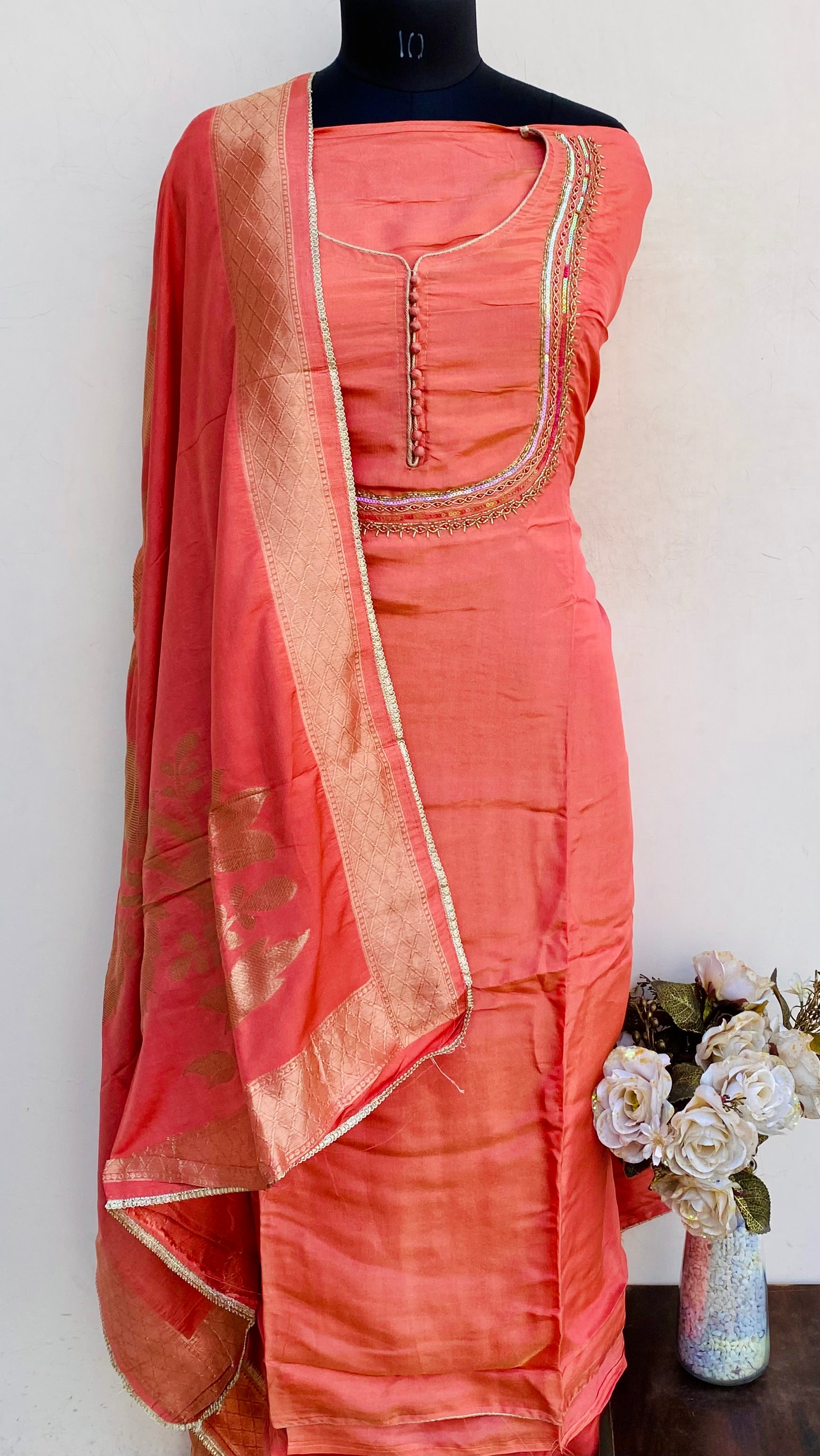 Designer Embroidered Suit Length 3 Piece Rust Tissue With Pearl, Cutda ...