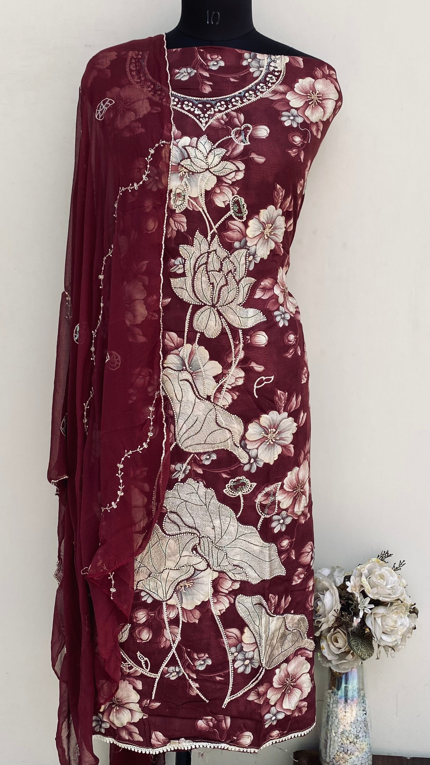 Designer Embroidered Suit Length 3 Piece Maroon Mal Cotton With Sequen ...